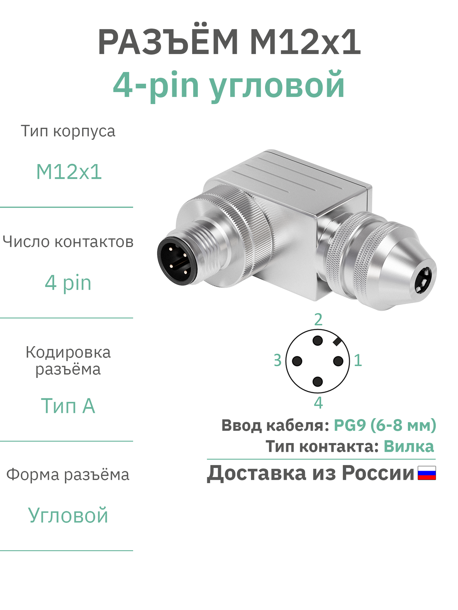 Разъём M12 Ethernet 4 pin угловой / вилка (папа) / PG9 (6-8 мм диаметр под кабель) / модель RAZM-M12-C4A-PG9-LT