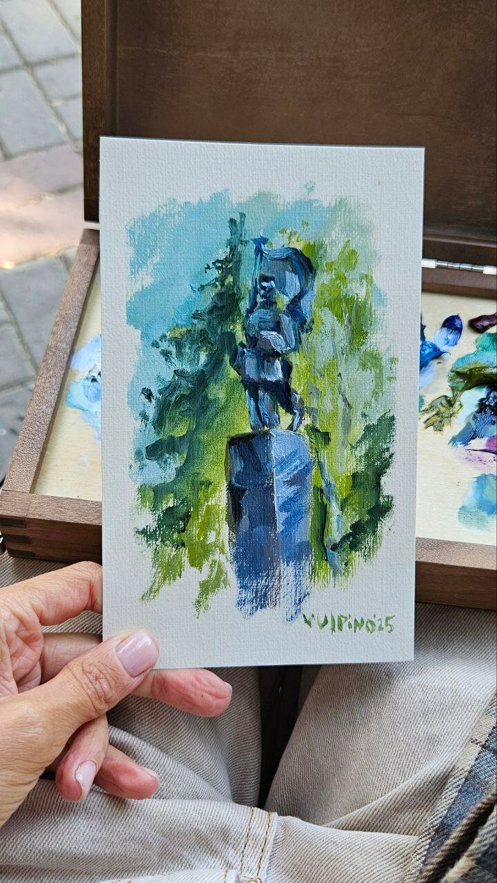 Открытка авторская "Памятник солдату, 9 мая", ручная работа, масло, бумага