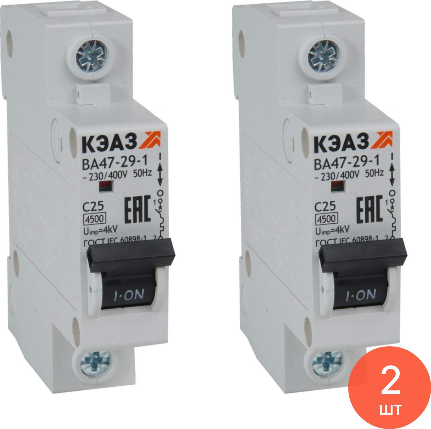 Автоматический выключатель КЭАЗ ВА47-29-1C16-УХЛ3 модульный, 1P 6А характеристика С 4.5кА, 6259473 / электроавтомат (комплект из 2 шт)