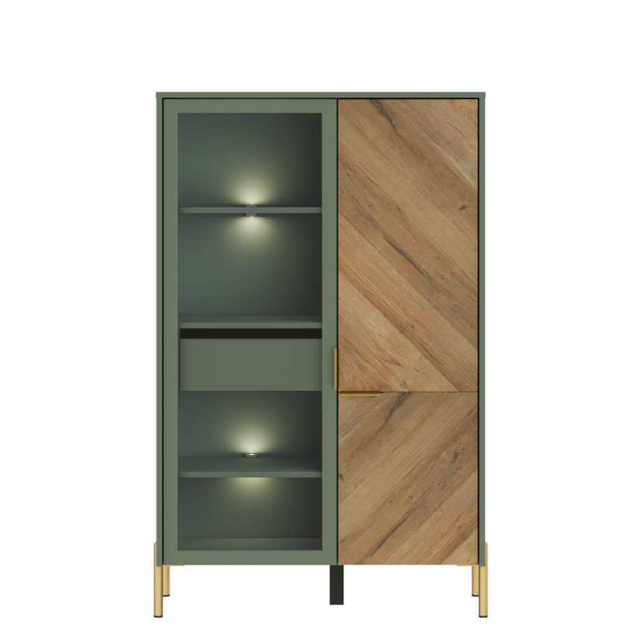 Витрина с подсветкой БРВ SIENA REG1W1D/140 Дымчатый зеленый/Дуб вотан ш 92,5, в. 145, г. 41