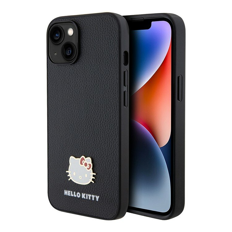 Hello Kitty чехол для iPhone 15, зернистая кожа PU Metal Kitty Head, черный