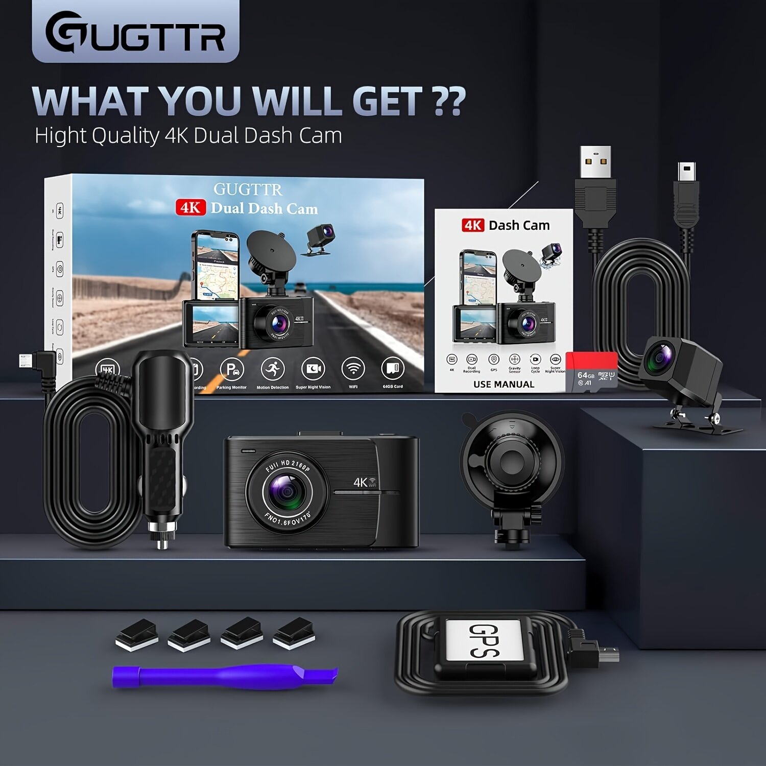 Видеорегистратор для автомобилей, передняя и задняя камеры 4K+1080P, видеорегистратор с Wi-Fi и GPS, бесплатная карта 64 ГБ, 3.16" IPS экран, ночное видение, угол обзора 170°