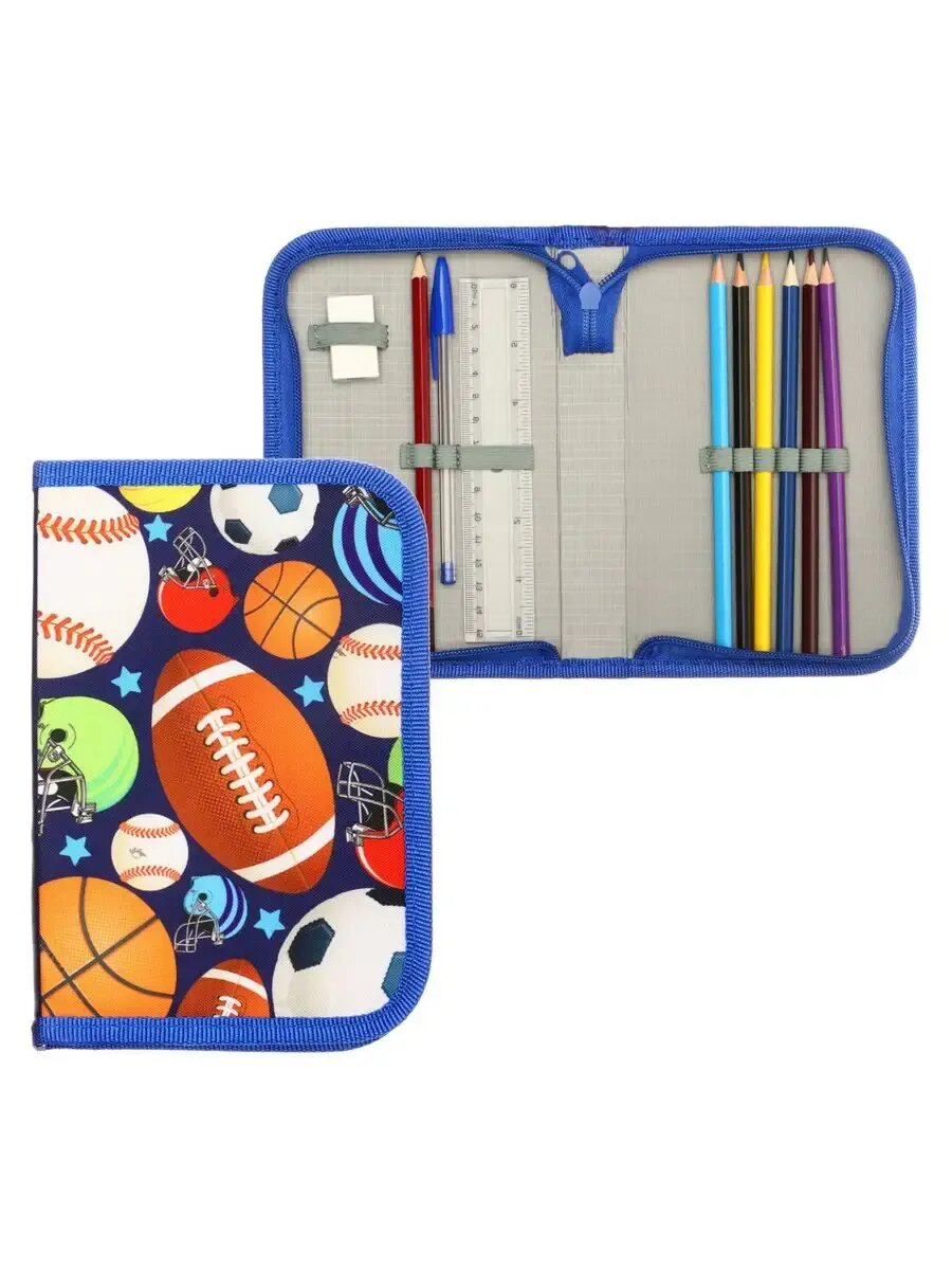Пенал с наполнением 11 предметов, текстиль, Мячи