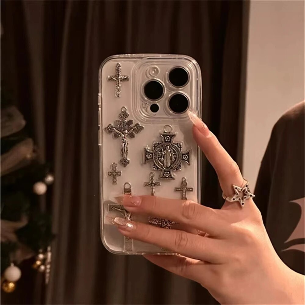 Ретро готический 3D металлический крестовый чехол для телефона для iphone 17 16 15 13 12 11 Pro Max 14 Plus Cool Angel Lens Protect Epoxy Clear Cover — фото 1