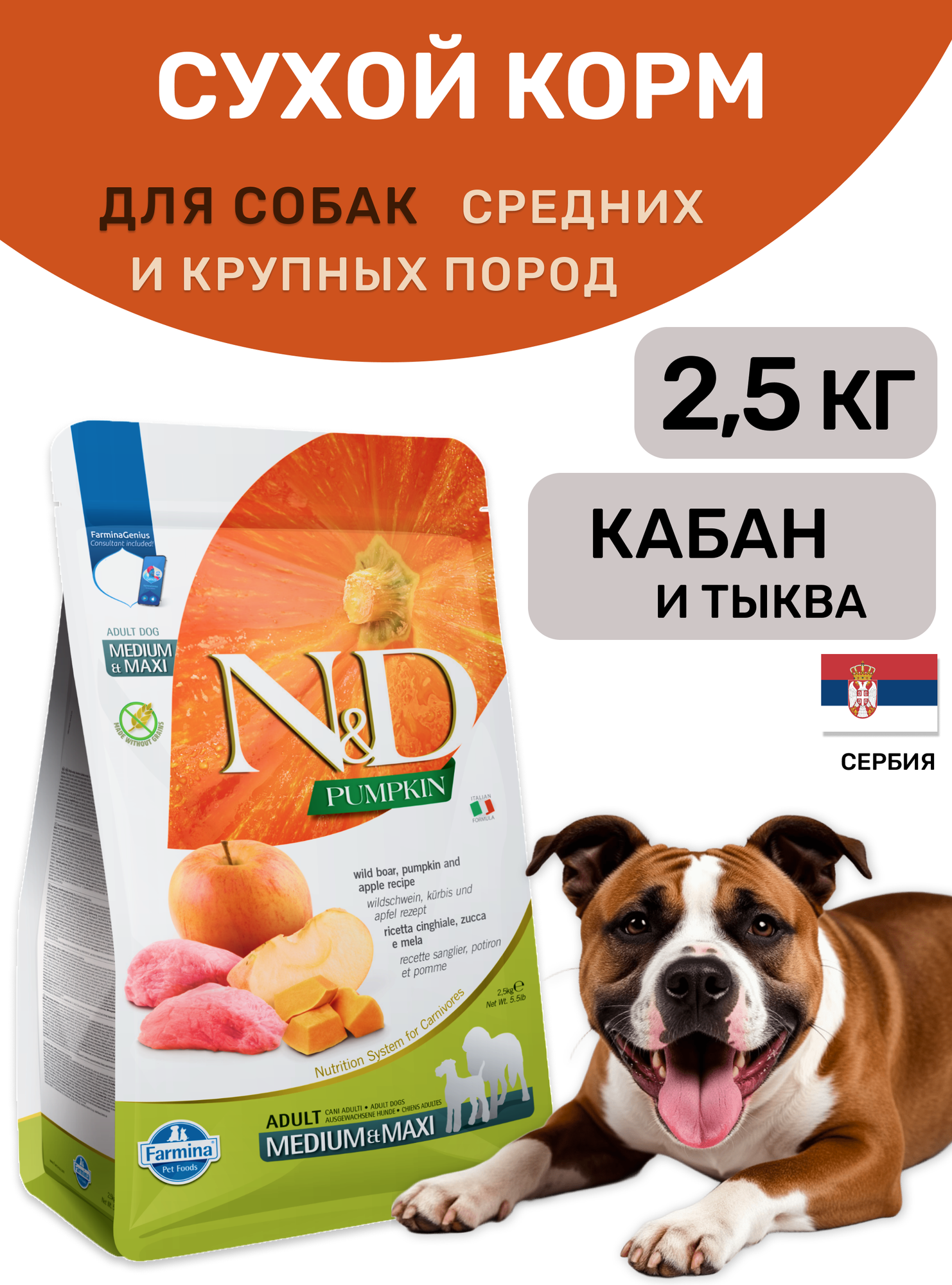 Корм сухой Farmina "N&D" для собак средних и крупных пород, беззерновой, с кабаном, яблоком и тыквой, 2,5 кг