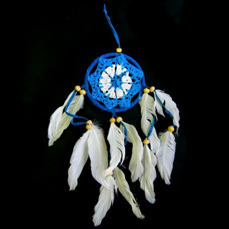 Ловец снов сине-белый круг С белыми перьями (9-35 см.), 1 шт.