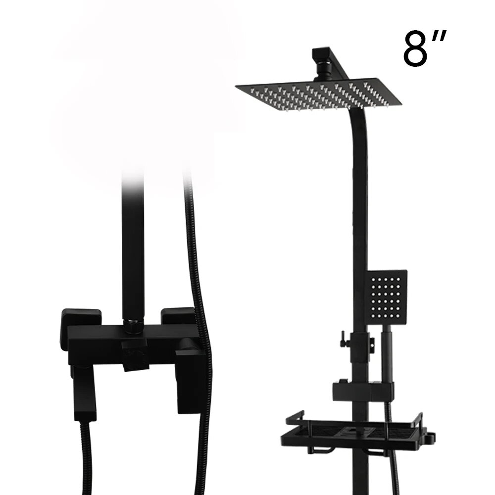 Черный тройной смеситель для душа KEMAIDI, дождевая Душевая система, стандартные смесители, товарная полка для ванной комнаты, смеситель для душа, 8 inch with shelf