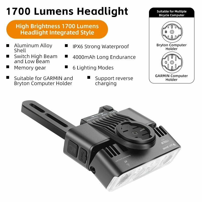 Велосипедные фары WEST BIKING 1700LM IPX6, водонепроницаемые велосипедные фары для ночной езды, совместимые с креплением Garmin/GoPro, передний фонарь для велосипеда