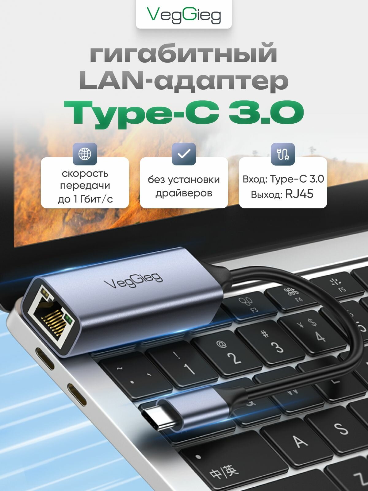 Сетевой адаптер, LAN - адаптер, сетевая карта Type-C, 3.0, RJ45 1000 Мбит/с, VegGieg
