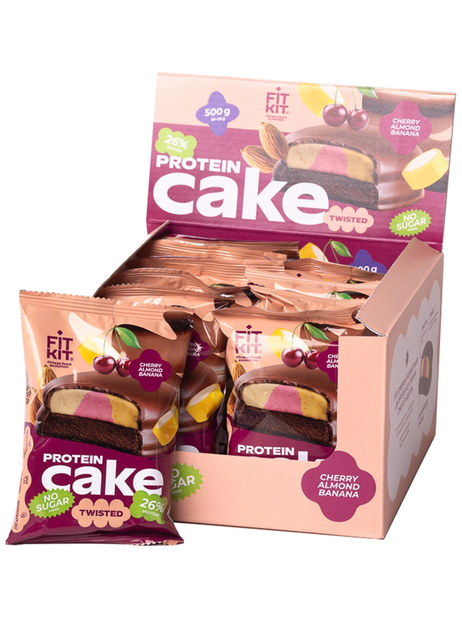 Протеиновое пирожное, печенье без сахара FIT KIT Twisted Protein Cake - 10х50 г, вишня-миндаль-банан