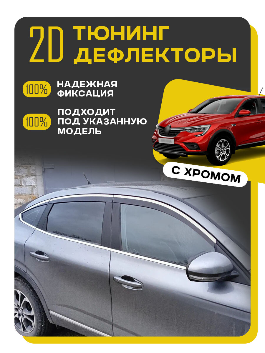 Плоские тюнинг дефлекторы с хромом для Renault Arkana (2019-2023) Ветровики 2d для Рено Аркана. Комплект 6 шт.