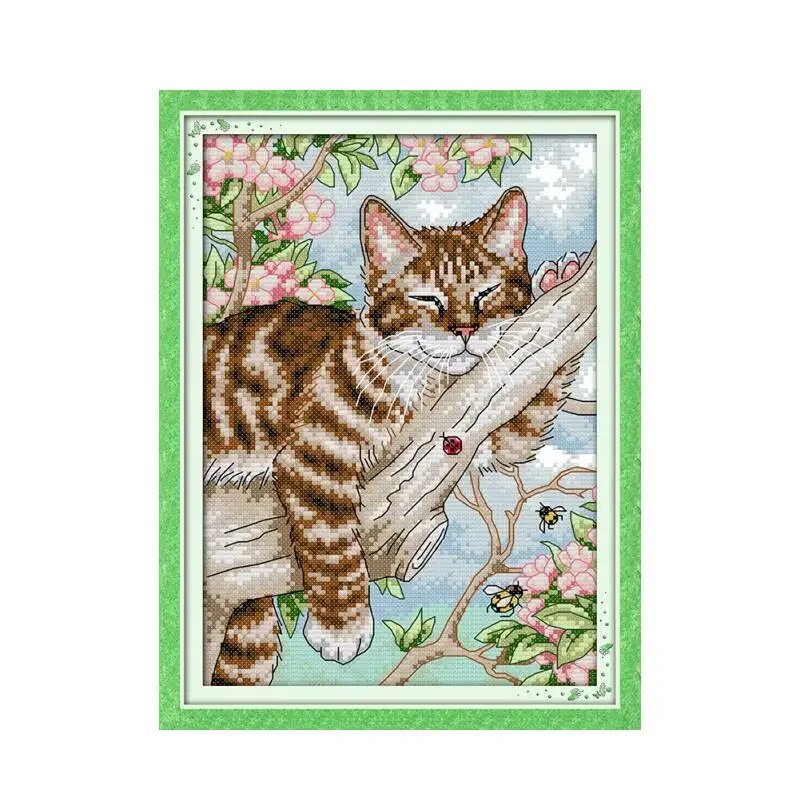 Радость воскресенье, ленивый кот, сон на дереве, вышивка крестиком, мультяшная серия, узор, китайская вышивка, рукоделие, украшения для дома