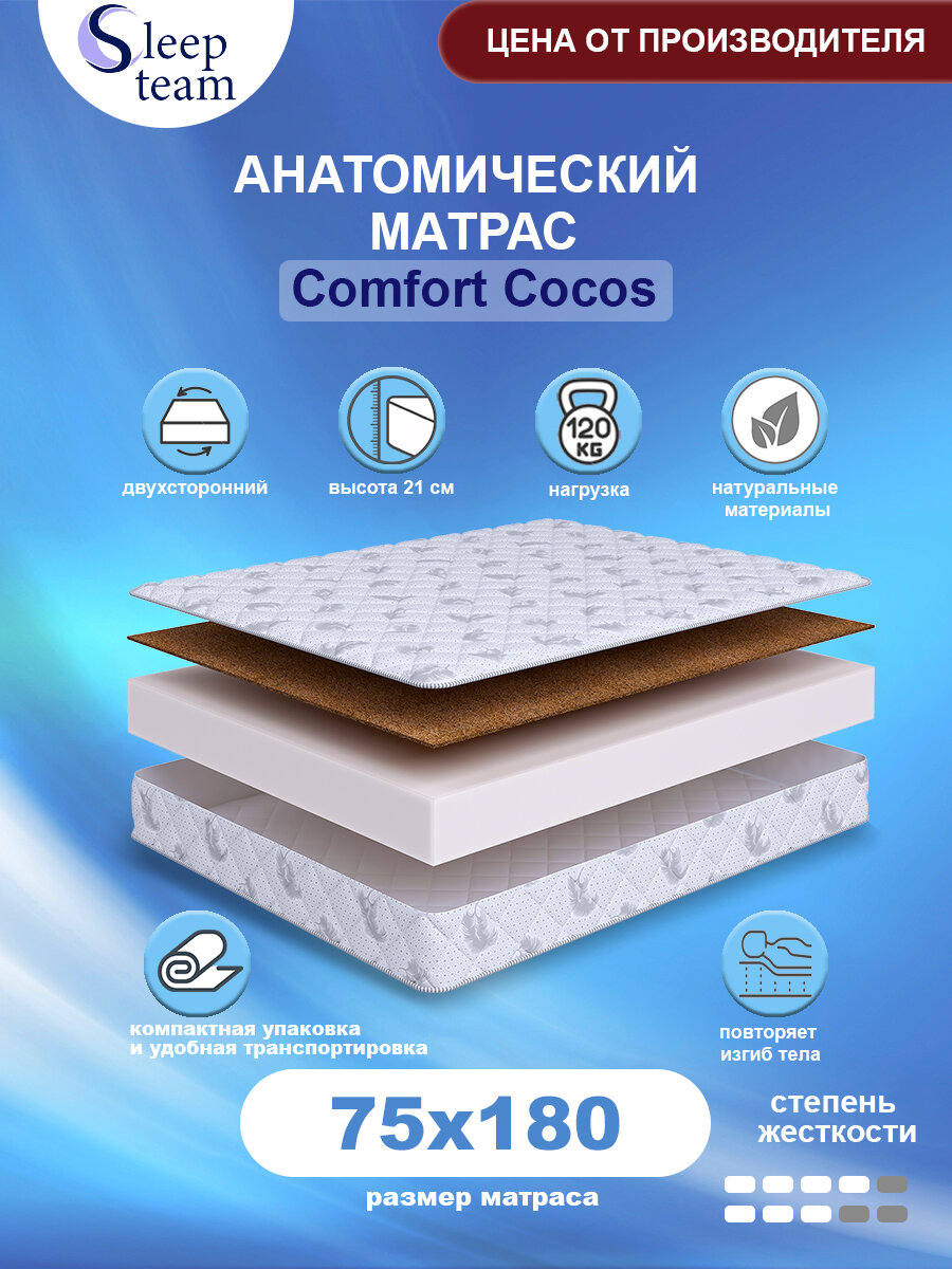 Матрас детский SleepTeam Comfort Cocos 75х180, беспружинный, высота 21 см, односпальный