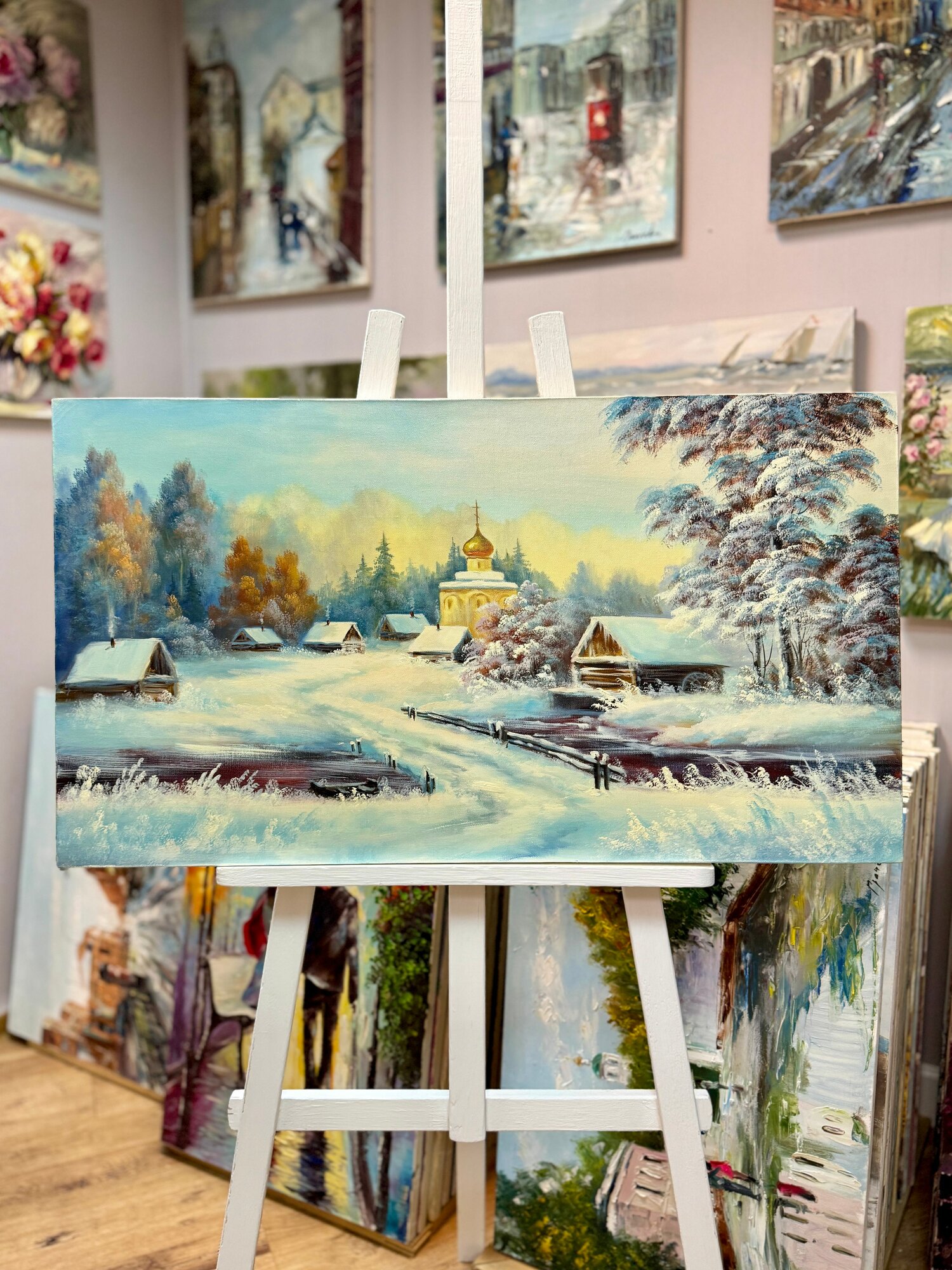 Картина маслом Зимний пейзаж с храмом 90x50 см. Художественная мастерская Грёзы.