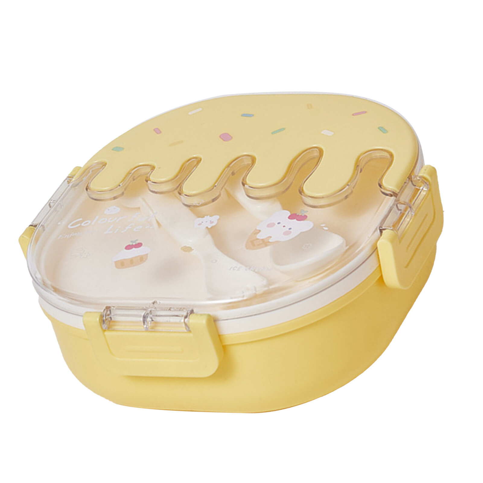 Ланч-бокс Bento для детей и взрослых, 3 отделения, пластиковые милые контейнеры для закусок для мороженого с вилкой и ложкой для школьной работы, путешествий, желтый цвет