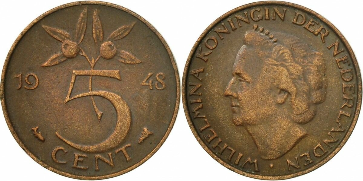 Нидерланды 5 центов, 1948 Королева Вильгельмина XF