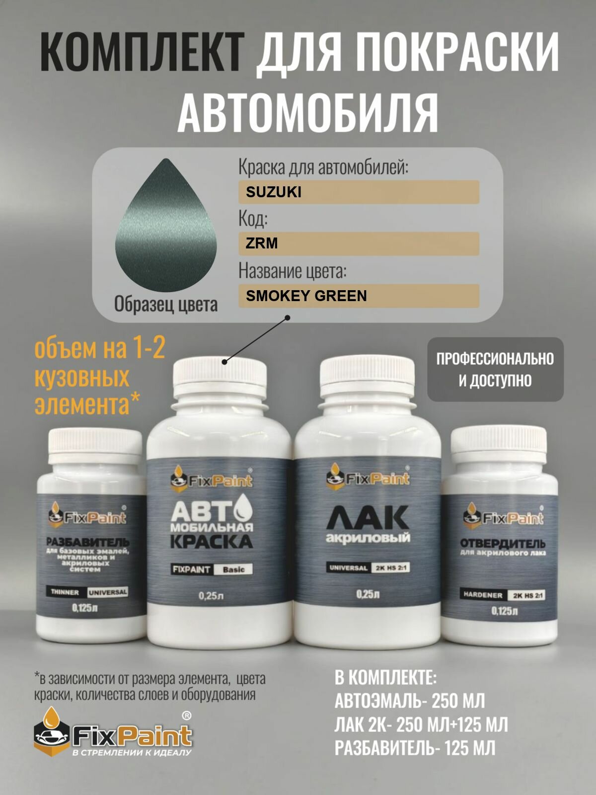 Комплект для покраски SUZUKI, код ZRM, SMOKEY GREEN, базовая автомобильная краска 250 мл, лак 2K 250 мл с отвердителем, разбавитель 125 мл, FixPaint Pro