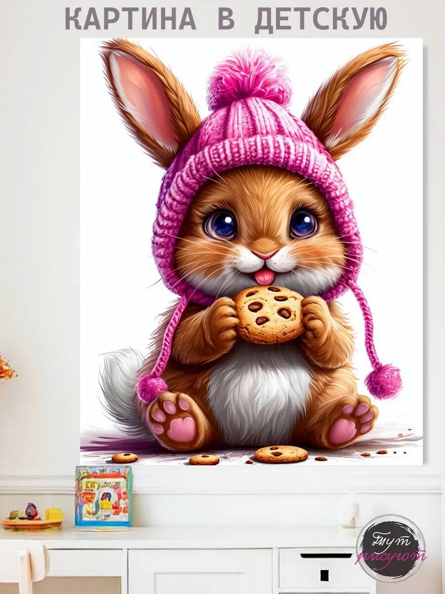 Картина "Зайчонок" Тут рисуют, интерьерная, 40x50 см, на подрамнике