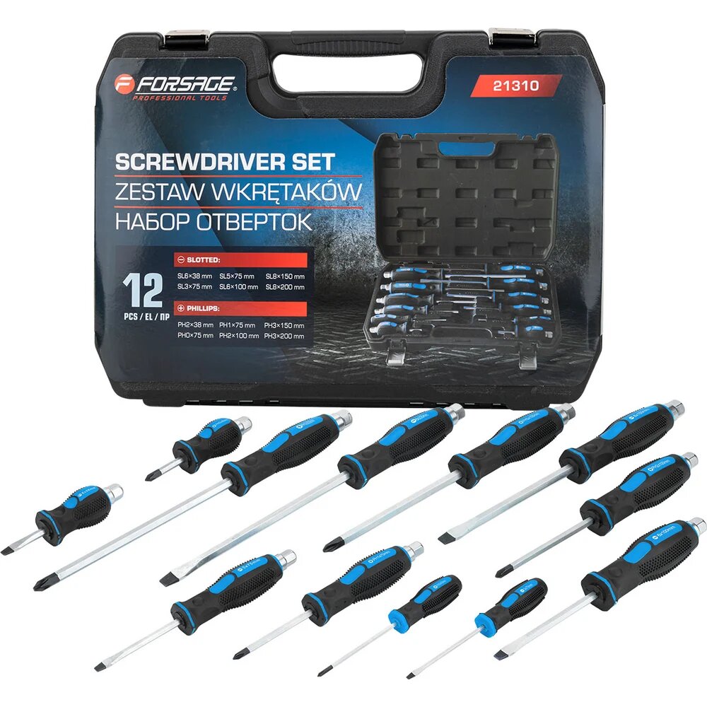 Forsage Набор отверток силовых ударных магнитных 12 предметов, в кейсе F-21310(18318)