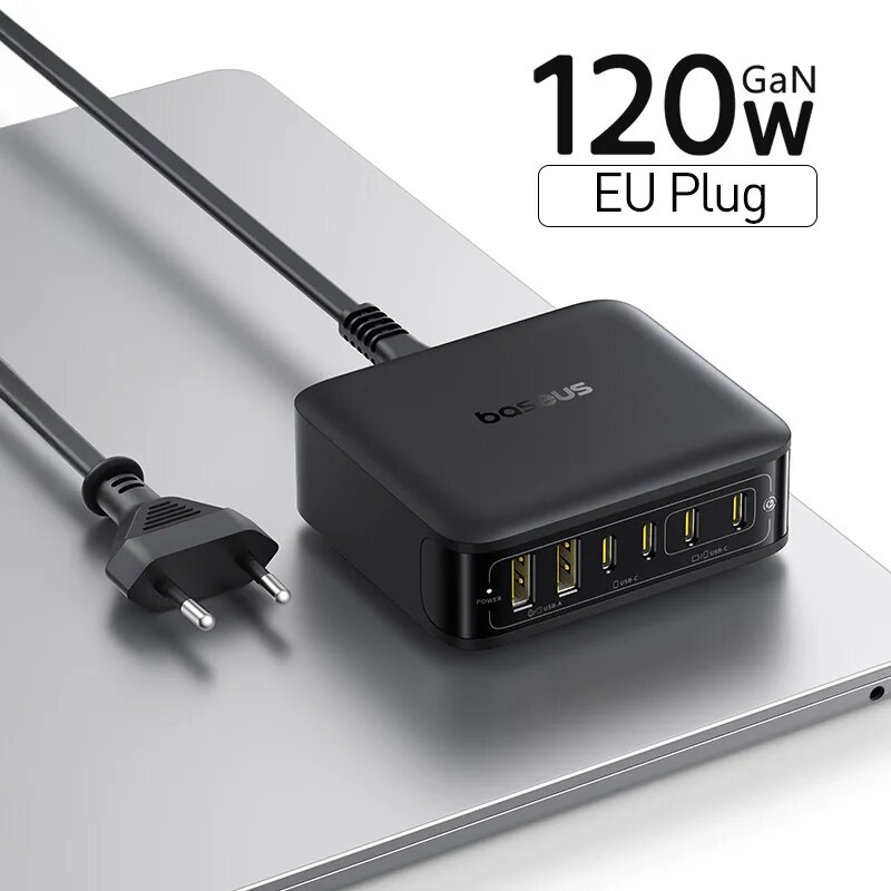 Зарядное устройство Baseus 120W для настольного использования, USB-C, GaN, быстрая EU Plug Black