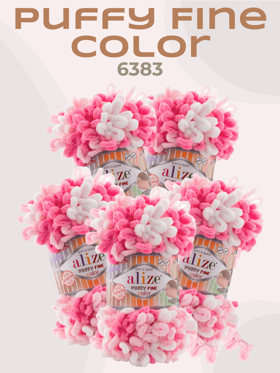 Пряжа для вязания Alize Puffy fine color, 5 мотков, цвет 6383 белый-ярко-розовый-светло-розовый