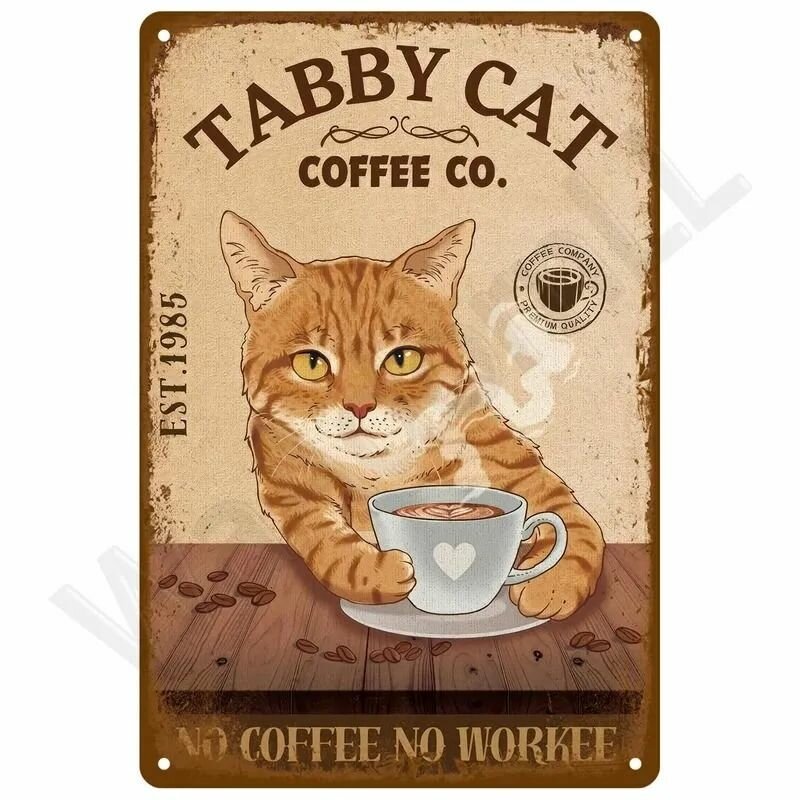 Табличка рыжий кот "Tabby Cat Coffee Co.", ретро стиль, металл, декор для интерьера, 20х30 см.