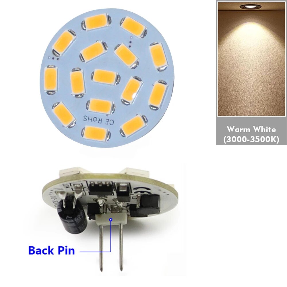 4x T-Pin Светодиодная лампа G4 3W 12-24V AC DC Задний штифт G4 Лампа круглой формы для шкафа Авто RV Кемпер Лампа для освещения дома на колесах, Warm White 3000K, Да