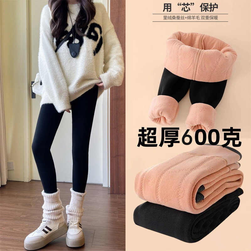 Дамские джинсы: Шарк-панталоны, зимние, тугое, без линии, для снаружи Чистый цвет LI Mall талии_L