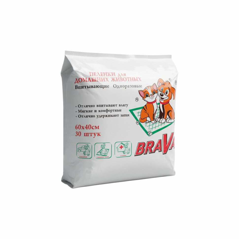 Brava пеленки впитывающие одноразовые для домашних животных с суперабсорбентом, пятислойные, 60х40 см - 30 шт
