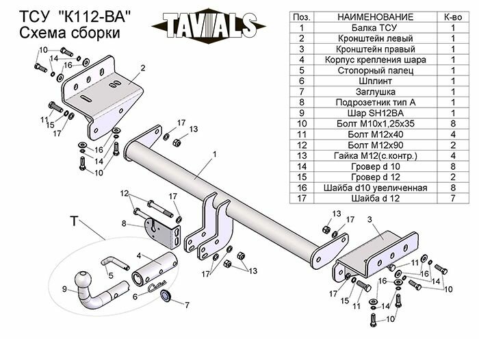 Фаркоп(прицепное) Tavials для KIA SPORTAGE (SL) 2010-2016 / HYUNDAI IX 35 (EL) 2010-2015 (С быстросъемным шаром)(паспорт и сертификат в комплекте)(без электрики)T-K112-BA