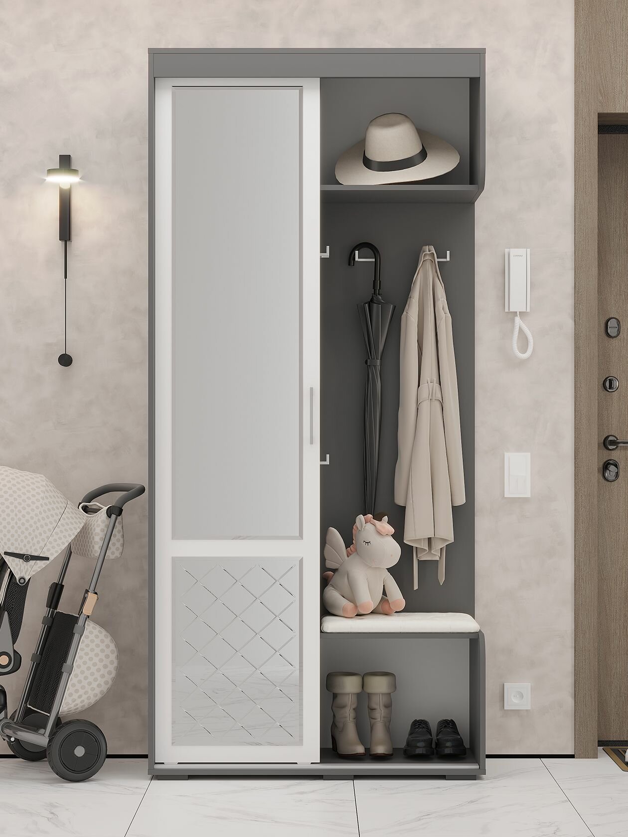 Прихожая комплект Варда с вешалкой, с сиденьем, с полками, с зеркалом, 100.2х44.4х217.6 см, Графит, ЛДСП / Белый, ЛДСП