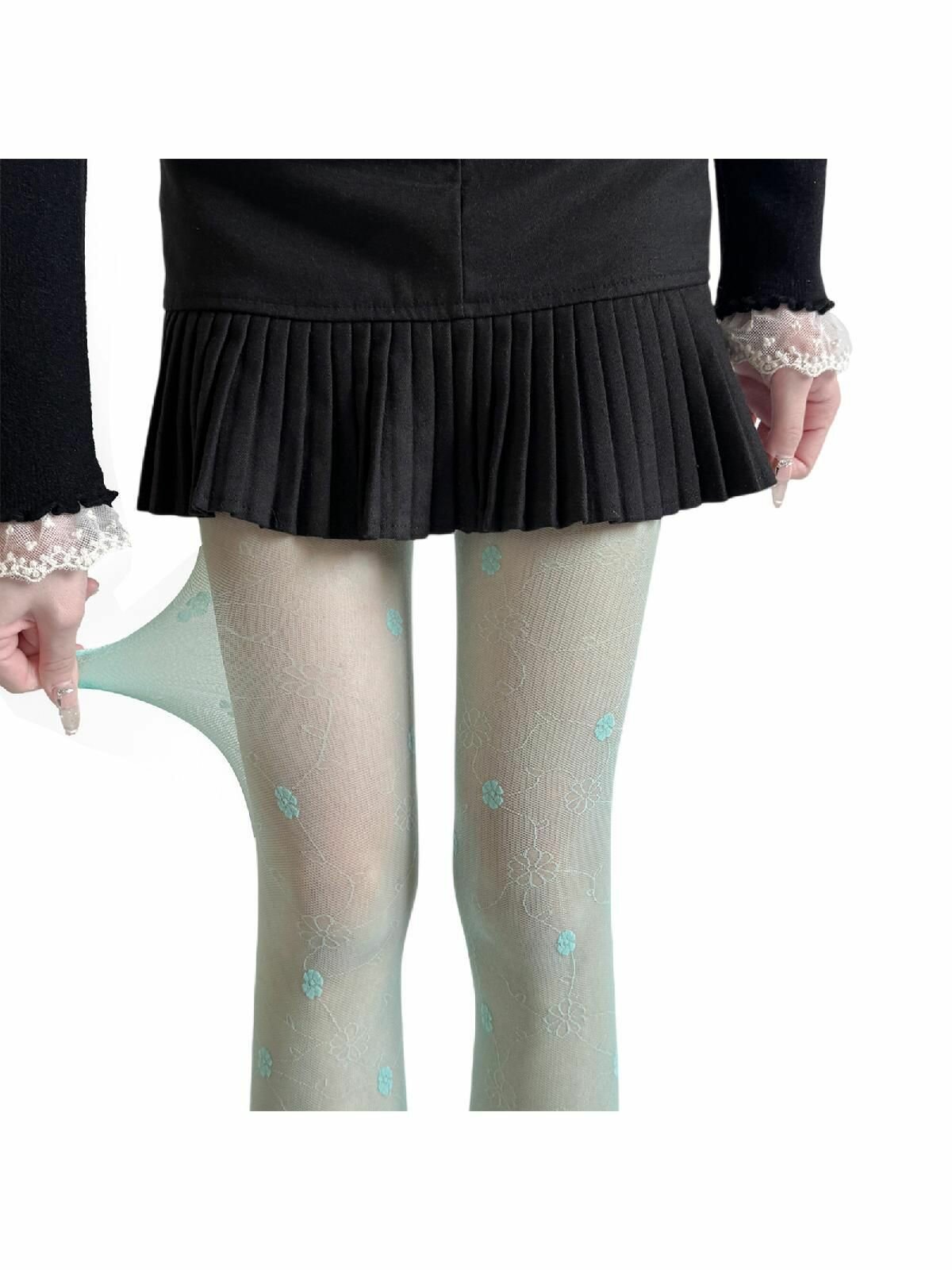 Ажурные колготки с цветочным узором, Мятно - зеленый