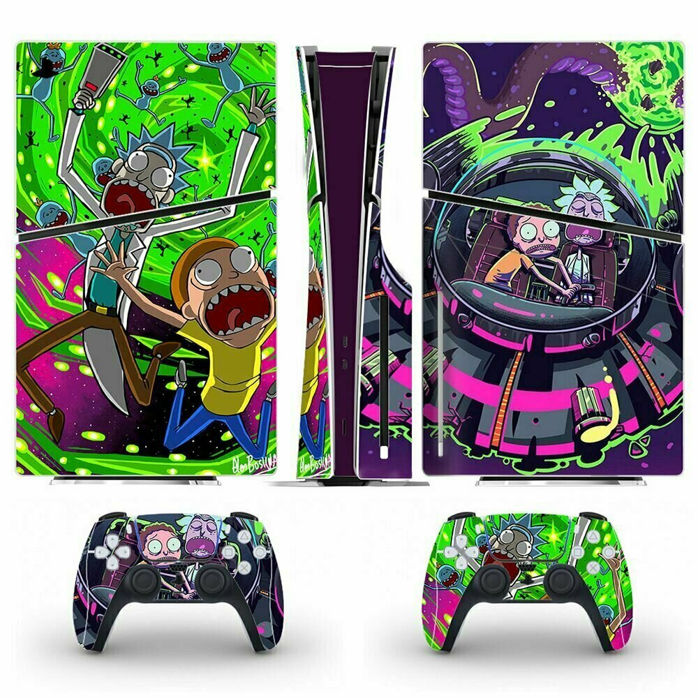 Виниловая пленка rick and morty для ps5 slim disk edition, консоль и контроллеры