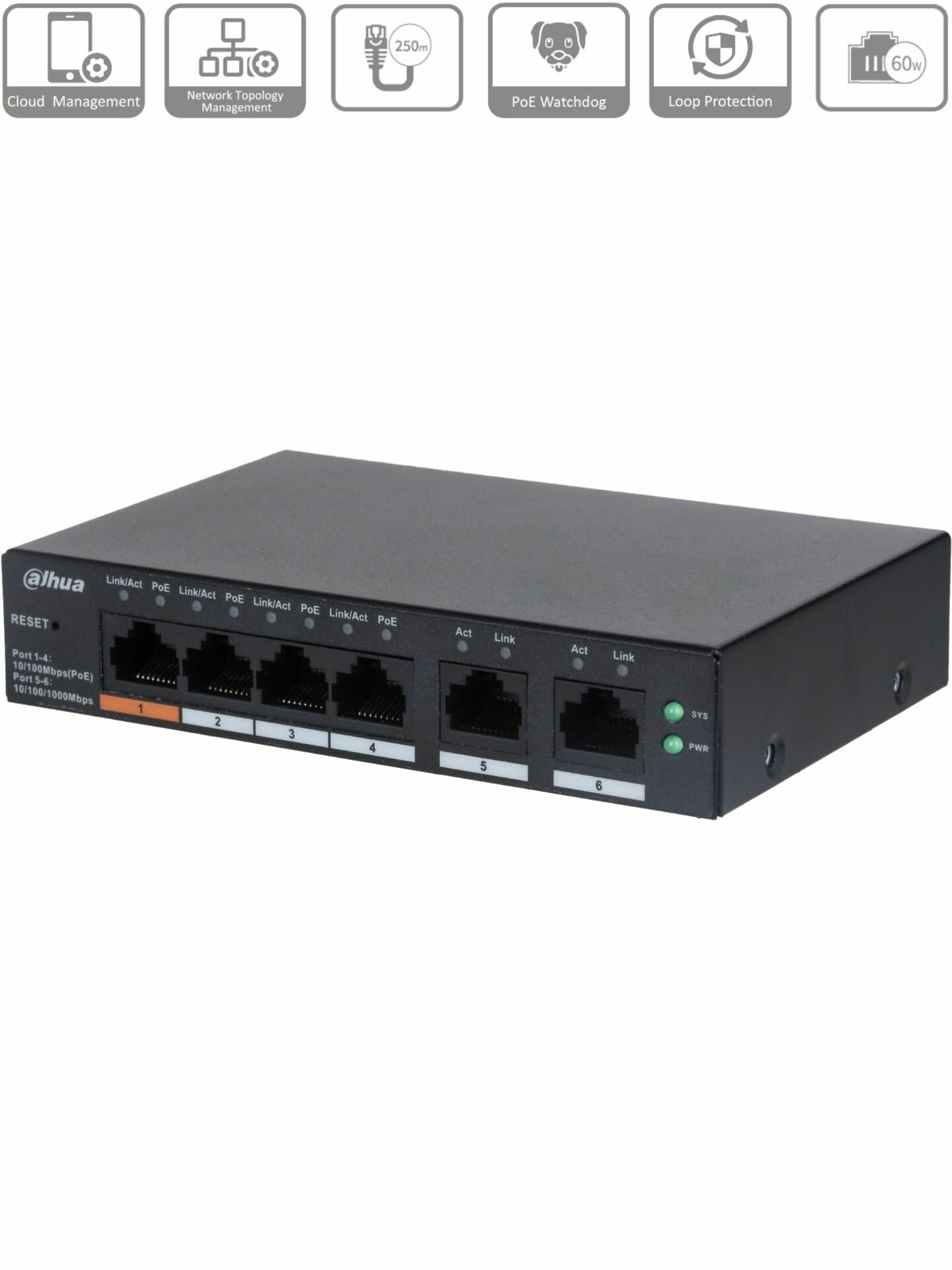 Dahua DH-CS4006-4ET-60 6-портовый управляемый коммутатор с 2 РоЕ до 60Вт