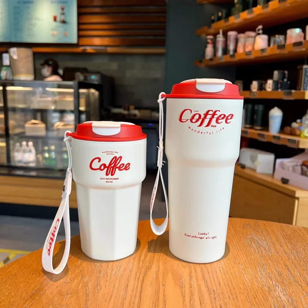 Белая термокружка Coffee 620 мл с ручкой