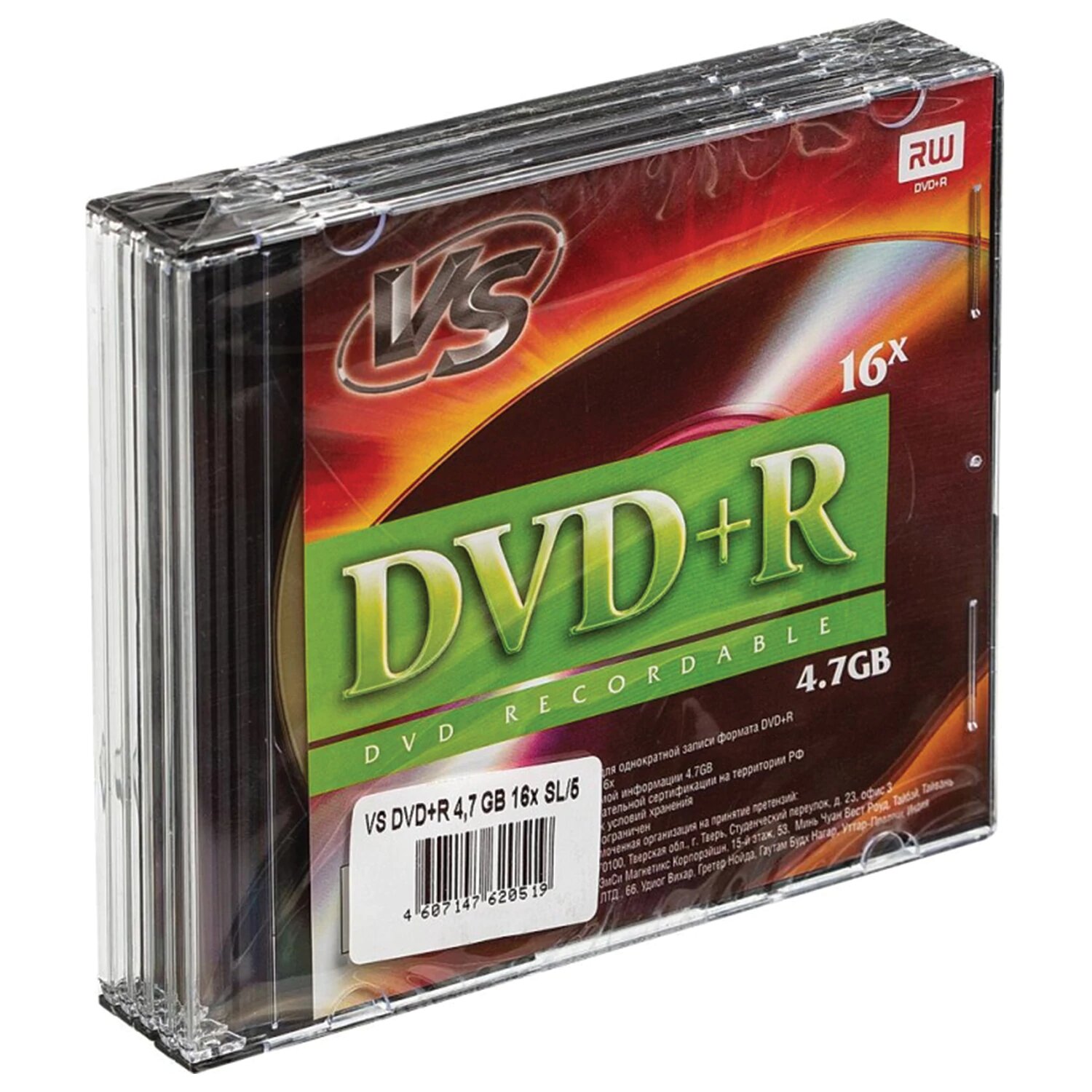 Диски DVD+R (плюс) VS, 4,7 Гб, 16x, Slim Case, комплект 5 шт, VSDVDPRSL501