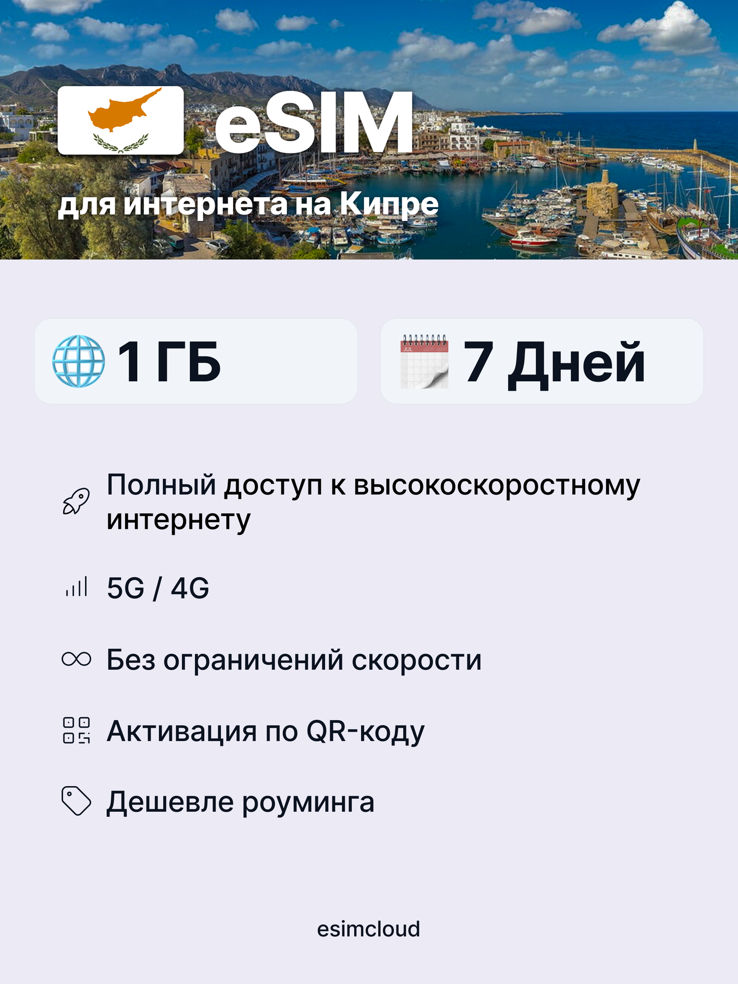 ESIM для Кипра 1 ГБ / 7 дней • Мобильный интернет • Универсальная eSIM • 4G LTE / 5G • Смартфон и планшет