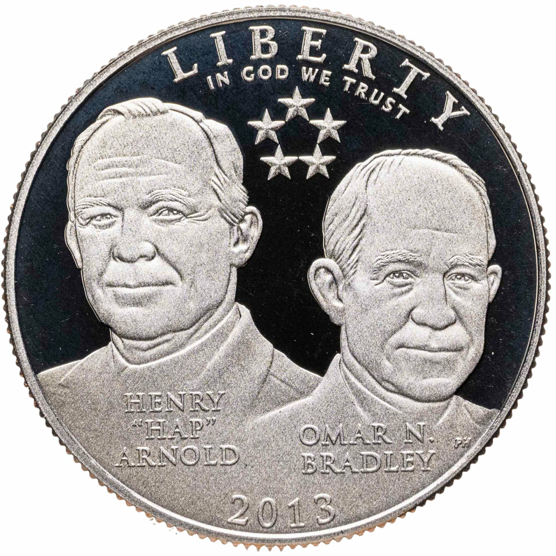 США 1/2 доллара dollars 2013 "5-звездочные генералы армии США", знак монетного двора: "S" - Сан-Франциско, в футляре, Мельхиор медь-никель, в сохранности Proof