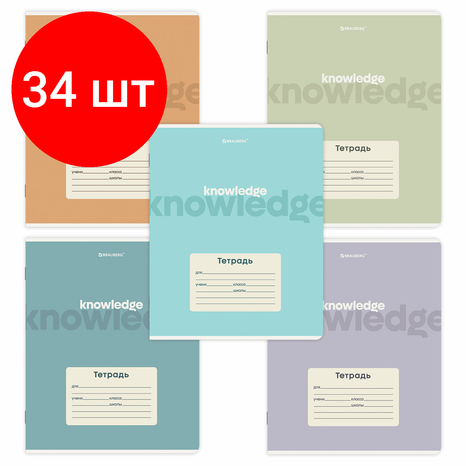 Комплект 34 шт, Тетрадь 24 л. BRAUBERG клетка, обложка картон, KNOWLEDGE, 107305