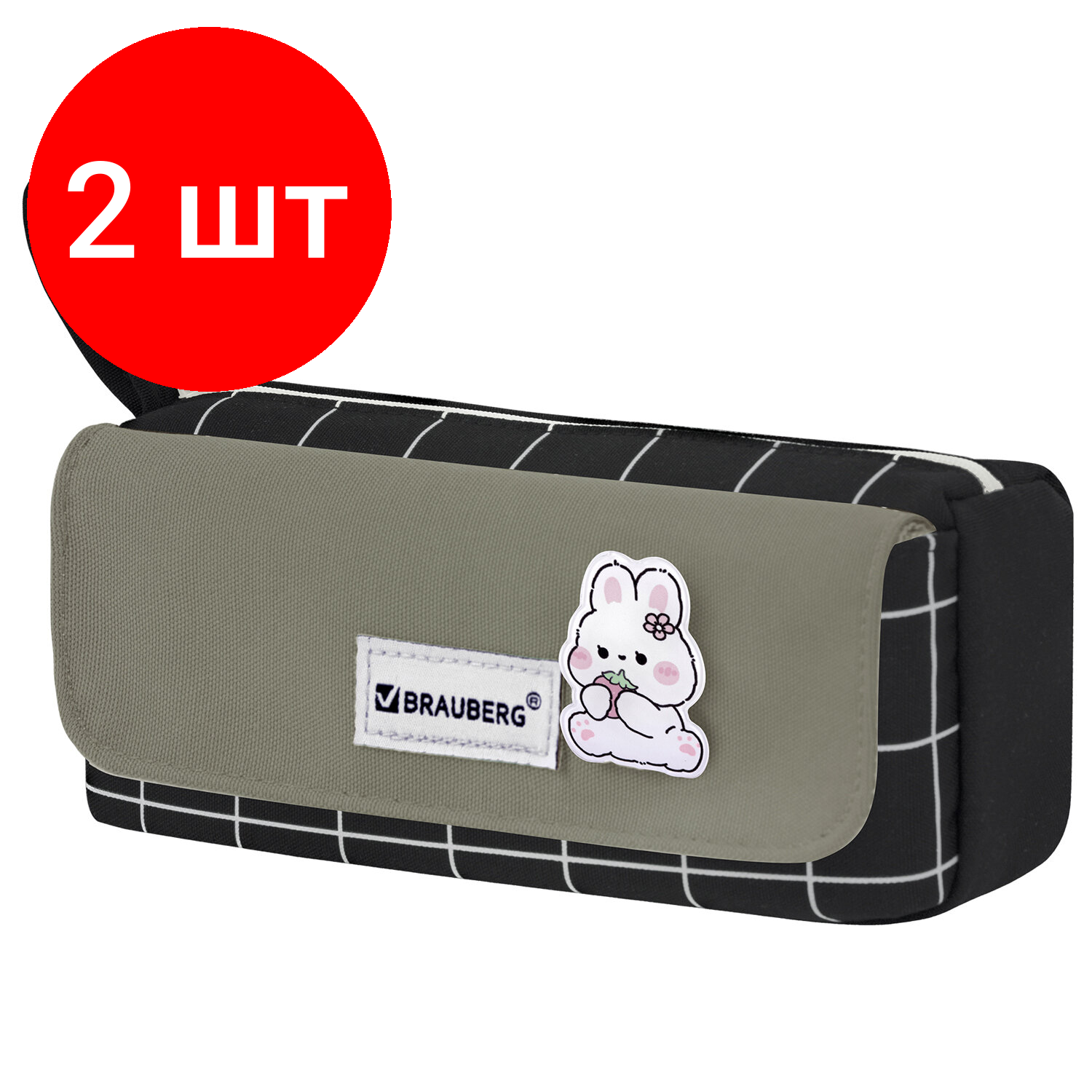 Комплект 2 шт, Пенал мягкий BRAUBERG, 1 отделение, карман на липучке, значок, 22х10х6 см, Black checkered, 273579