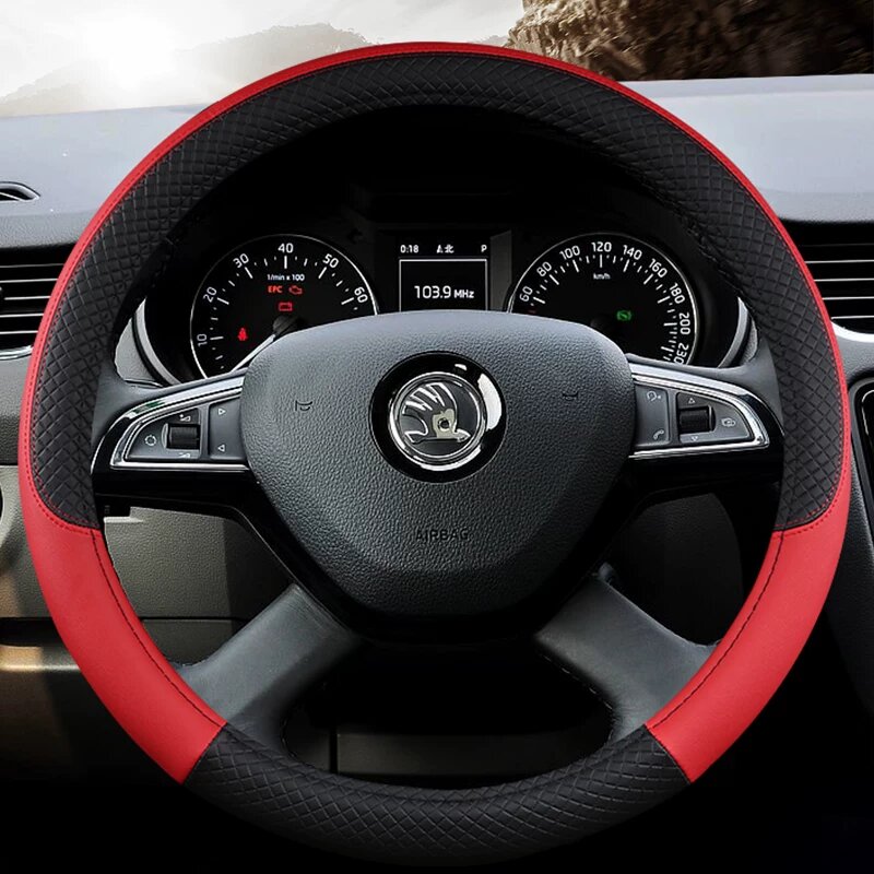 Всесезонный чехол для руля Skoda Octavia, Rapid, Superb, Yeti, Kodiaq, Fabia - Черно-красный узор