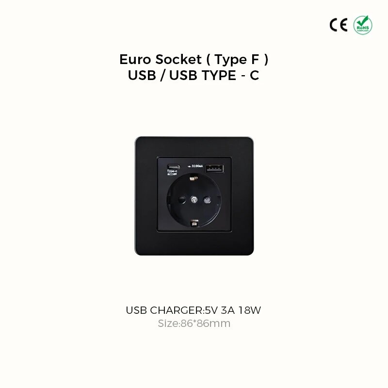 Розетка Avoir с USB, черная, нержавеющая сталь EU Socket USB USB C