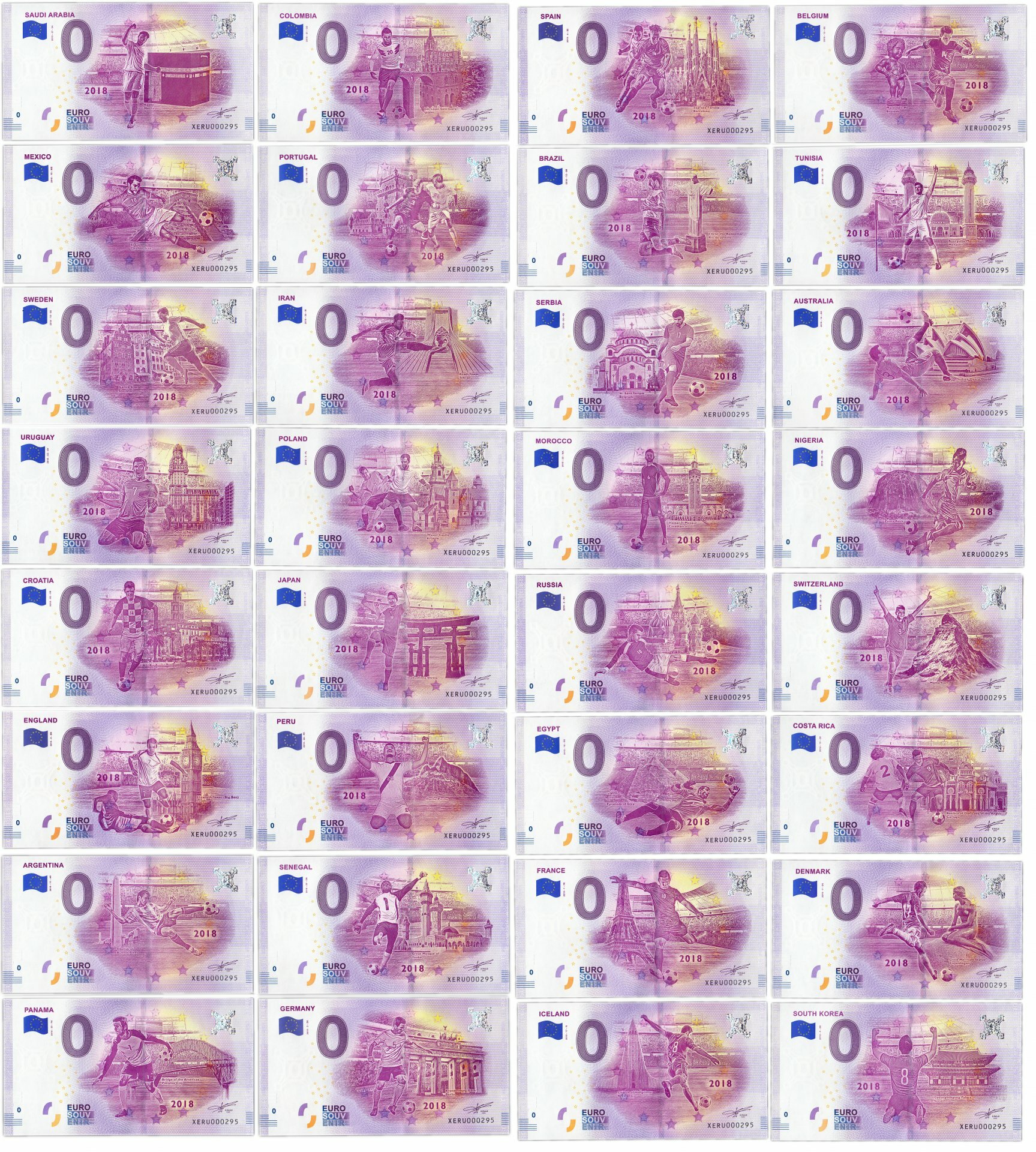 Набор 0 Евро 2018 Чемпионат мира по Футболу сет 32 банкноты без альбома UNC