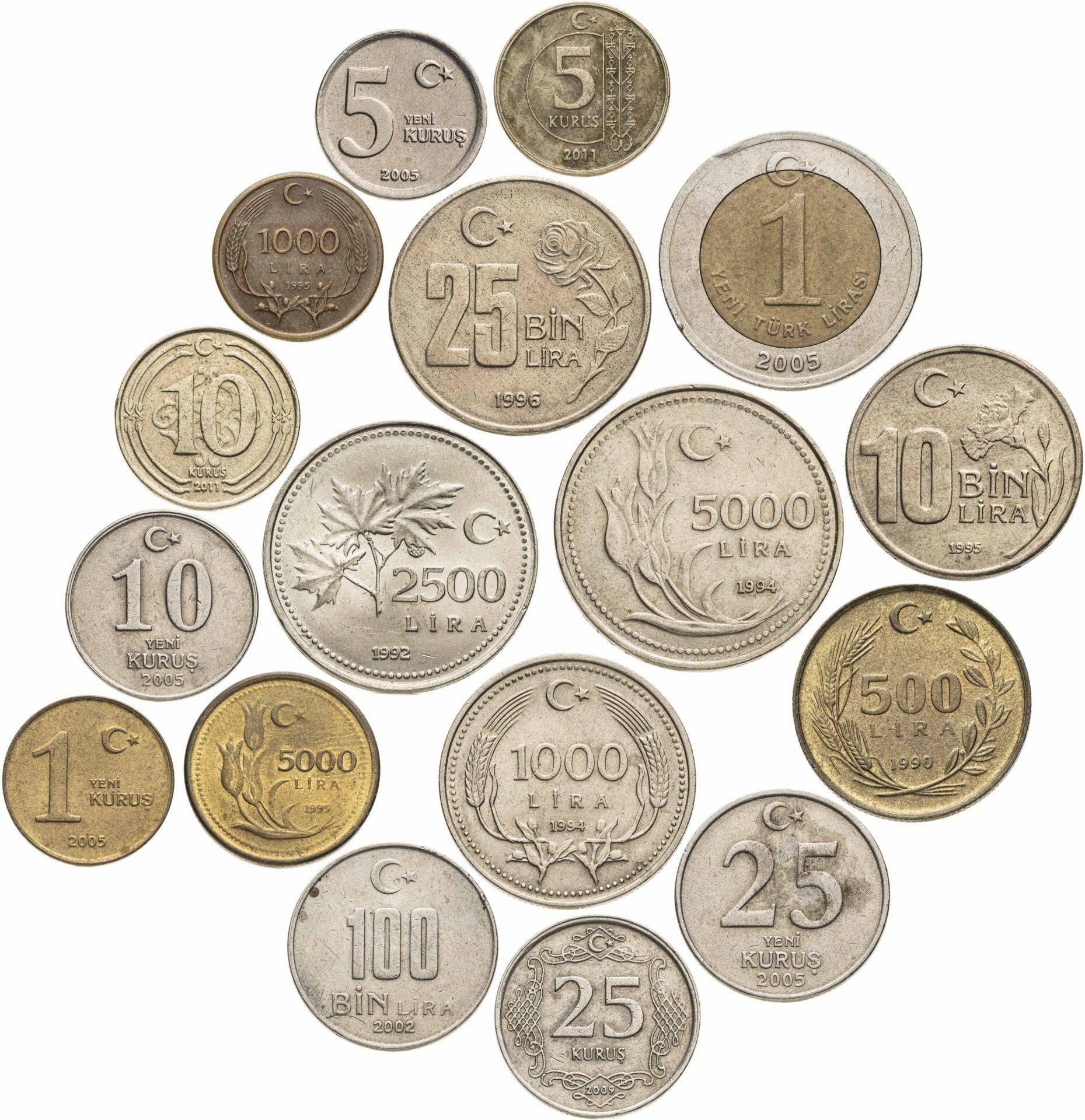 Турция набор 17 монет от 1 куруш до 250 000 лир 1992-2011 гг, Различные сплавы, в сохранности XF-AU