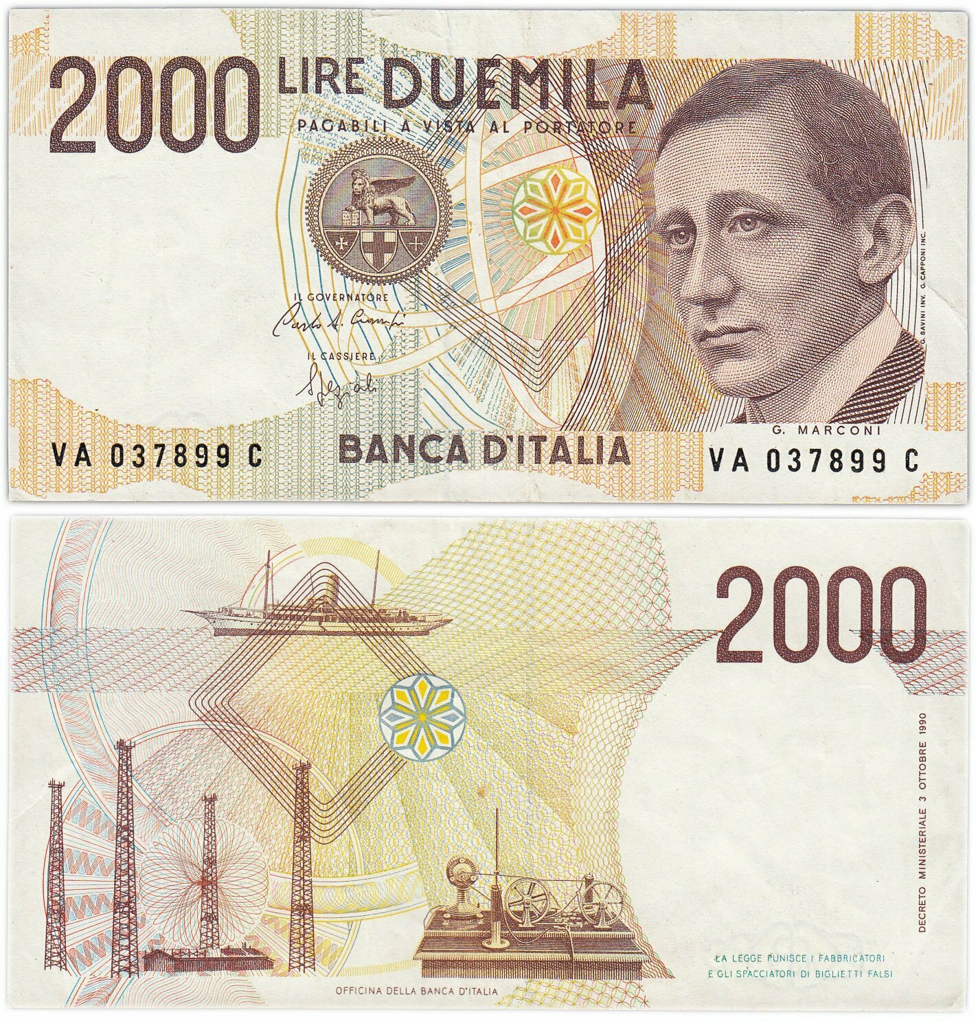 Италия 2000 лир 1990 года