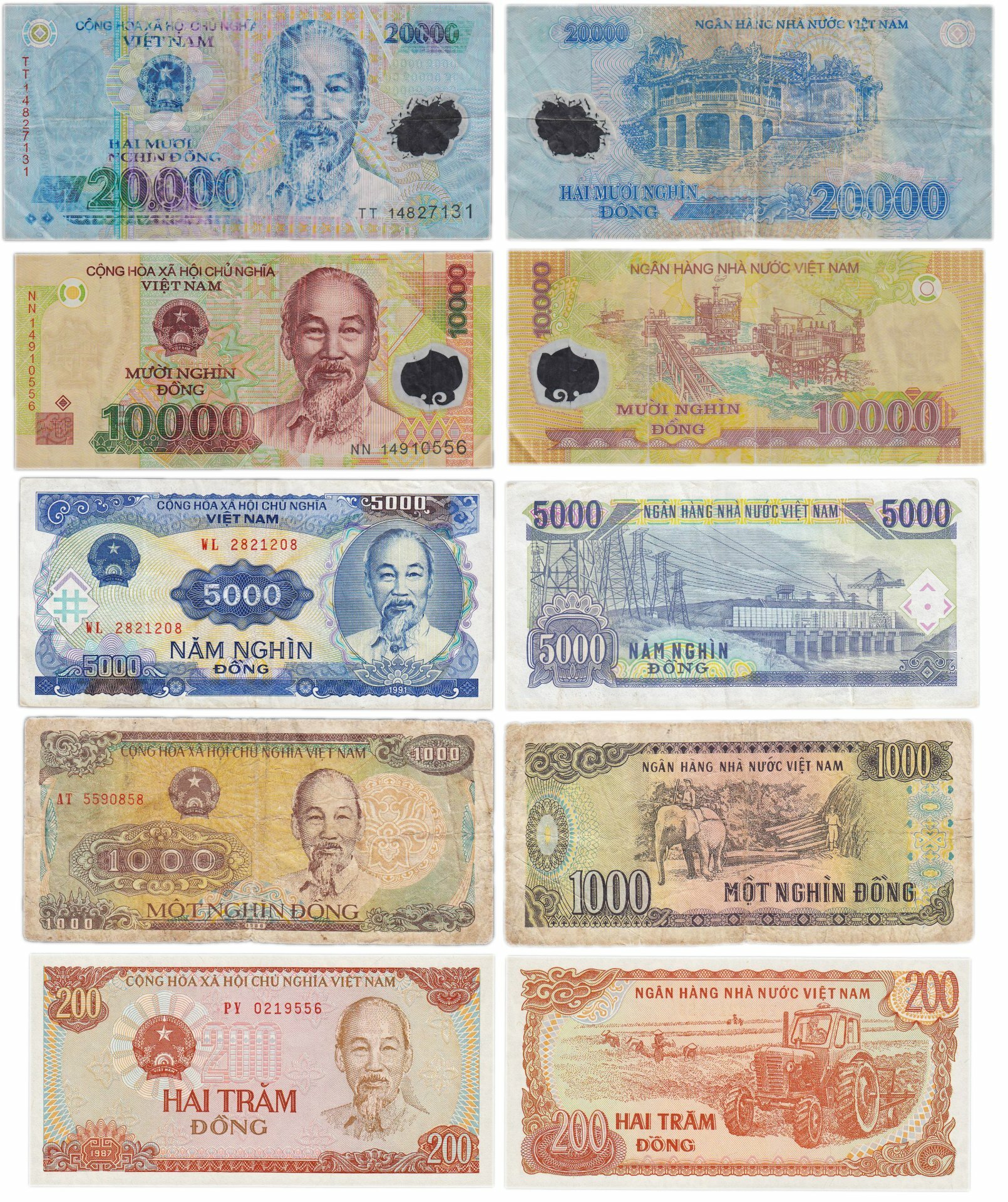 Вьетнам набор из 5 банкнот 200, 1000, 5000, 10000, 20000 донг 1987-2017