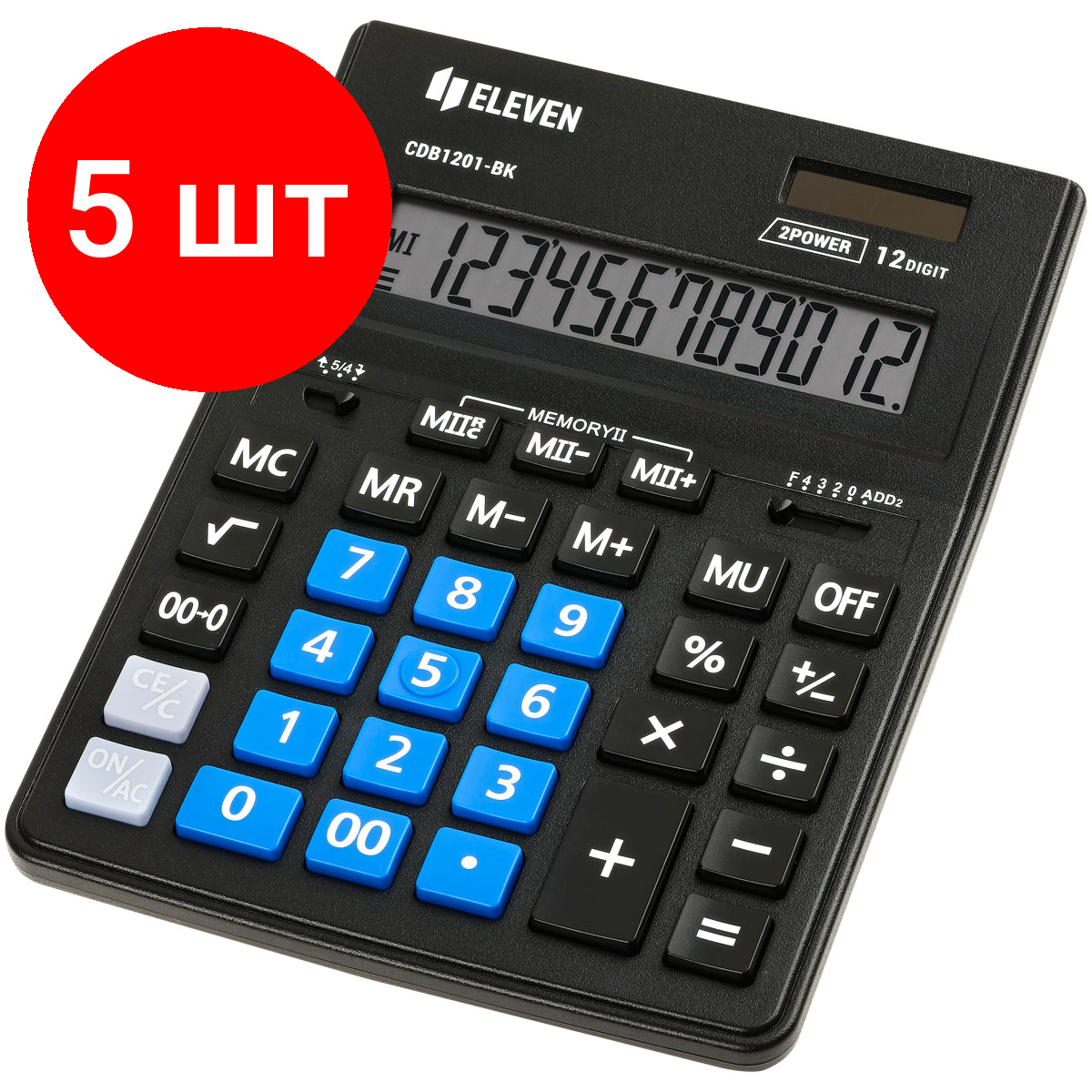 Комплект 5 шт, Калькулятор настольный Eleven Business Line CDB1201-BK/BL, 12 разрядов, двойное питание, 155*205*35мм, черный/синий