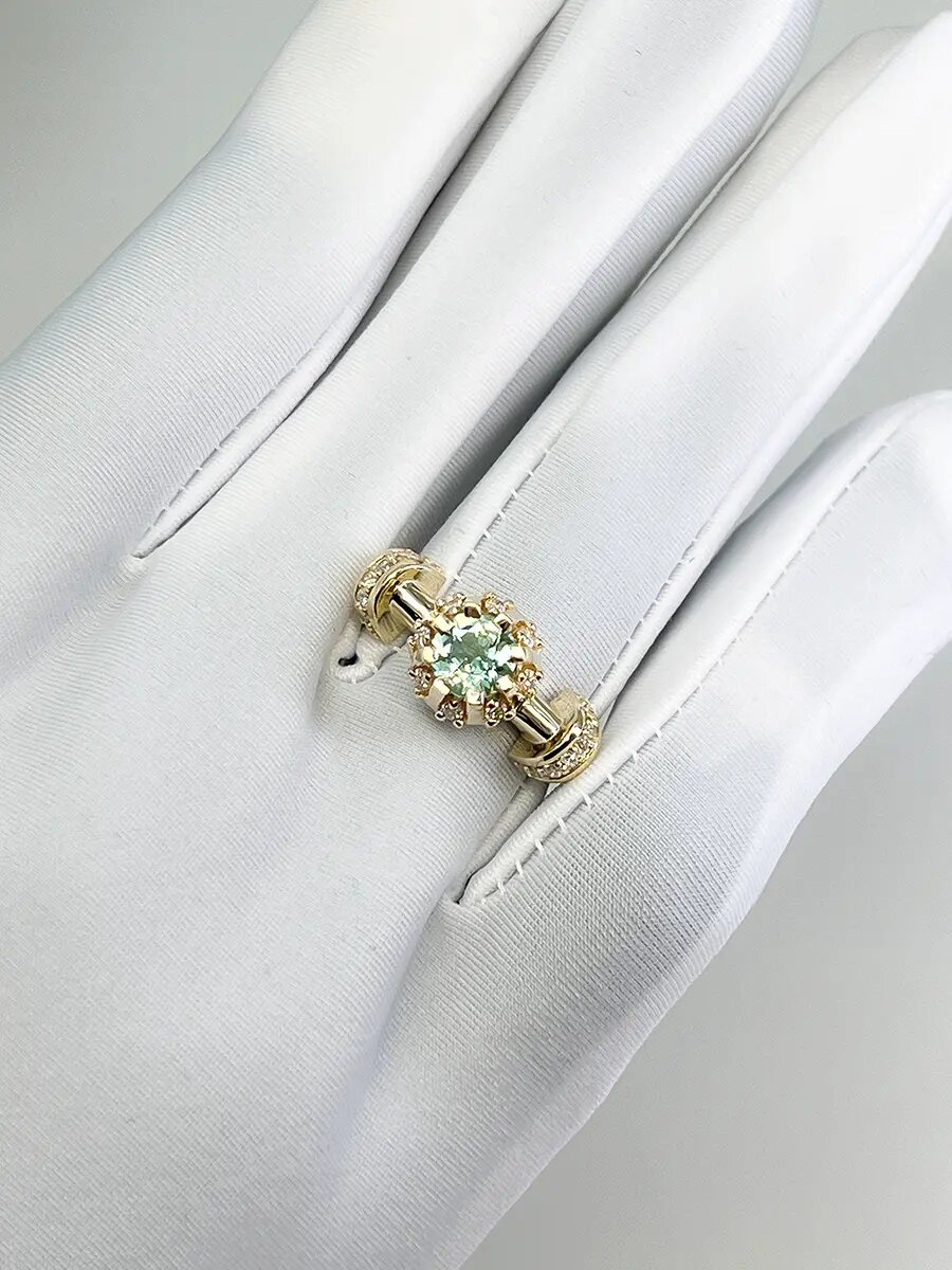 Кольцо, желтое золото, 375 проба, аквамарин, бриллиант