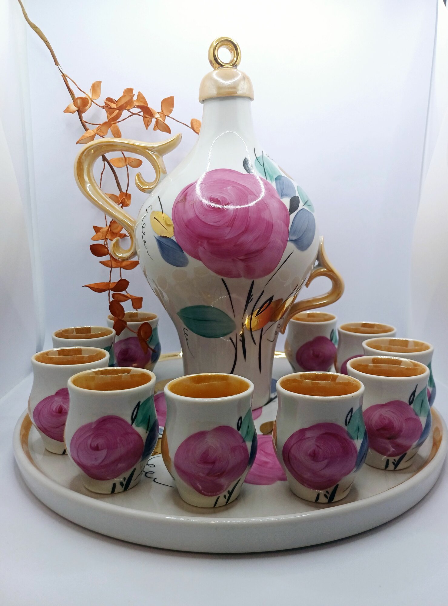 Ликерный набор Графин и стопки с росписью Агашки на 10 персон винтажный, фарфор, золочение, Дулево 2000 год