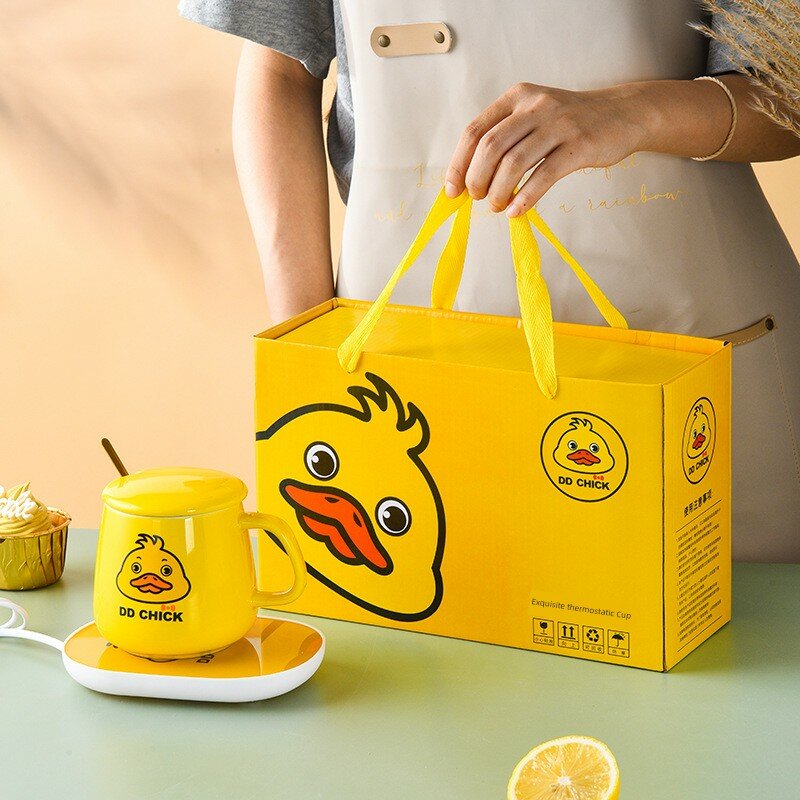 Керамическая чашка с рисунком DD CHICK и подогревателем в подарочной упаковке, регулировка температуры 55°C,